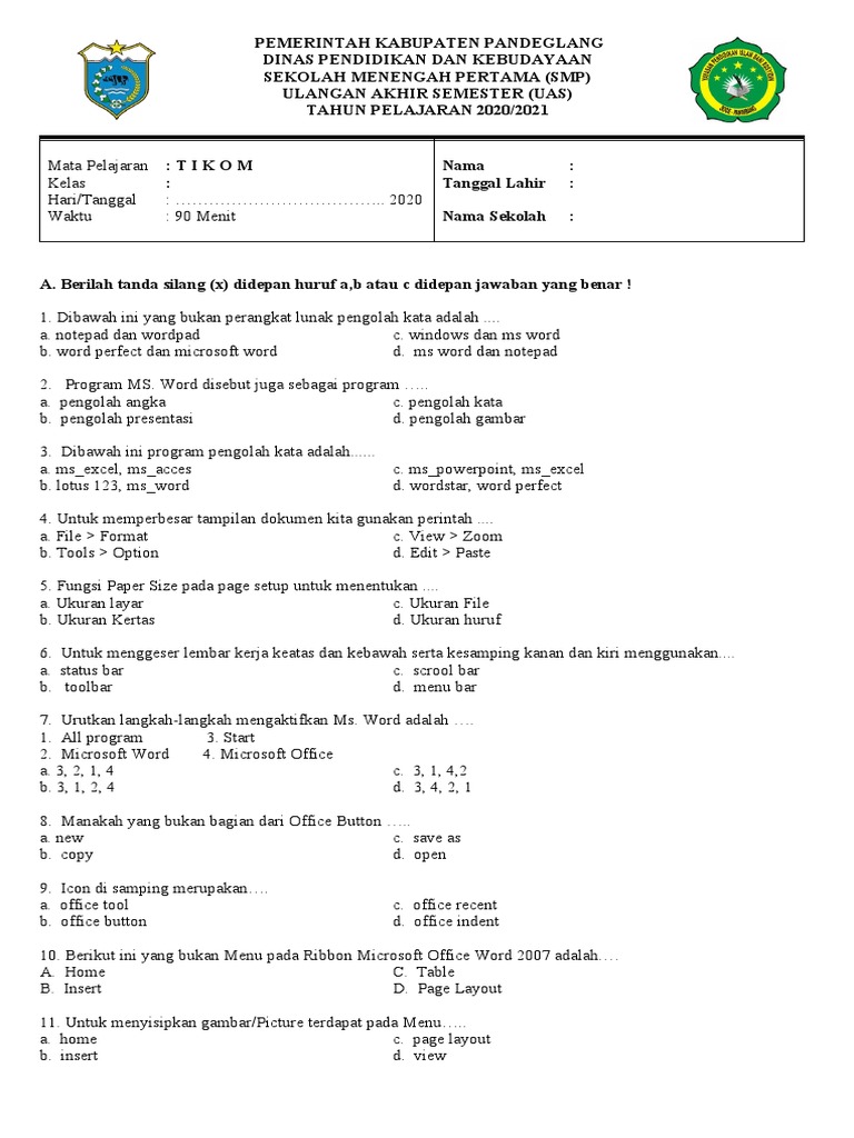 45+ Contoh Soal UAS TIK Kelas 8 SMP MTs Semester Ganjil | PDF