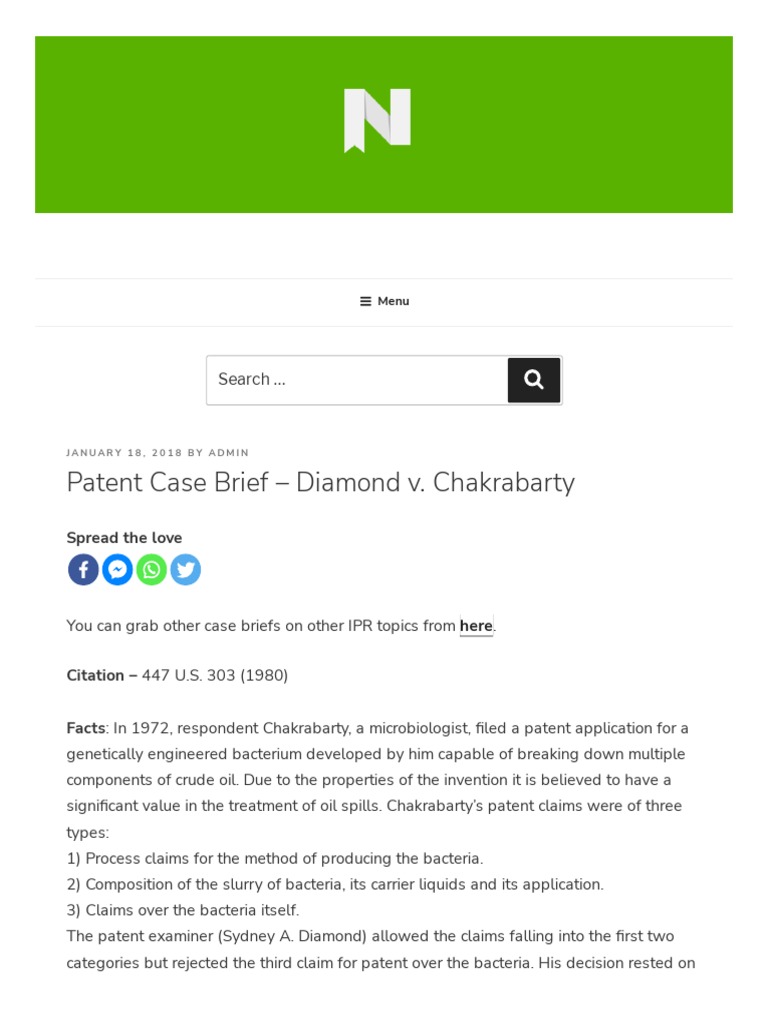 Diamond v. Chakrabarty Case Brief | PDF | Patent Law | Civil Law ...