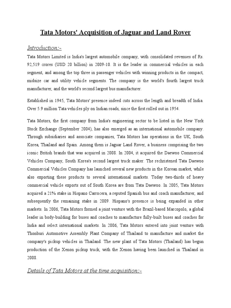 Tata Motors' Acquisition of Jaguar and Land Rover: Introduction | PDF ...