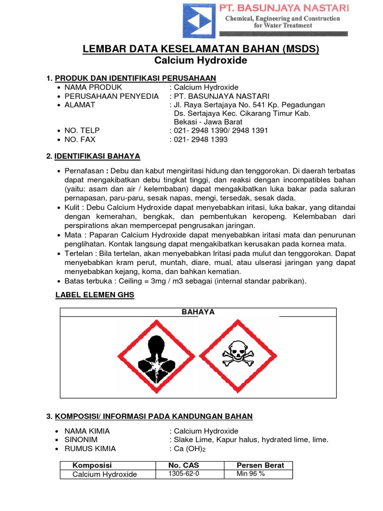 Msds Ghs Calcium Hydroxide Ca Oh 2 Pdf