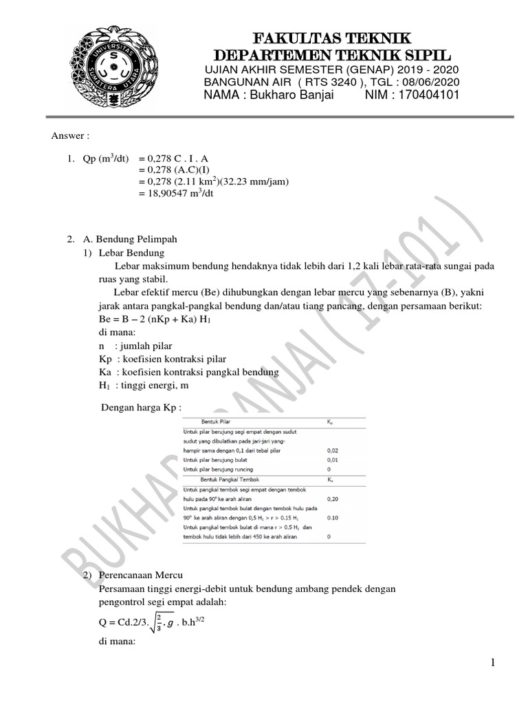 Contoh Soal Mata Kuliah Bangunan Air | PDF Contoh Soal Mata Kuliah Bangunan Air | PDF