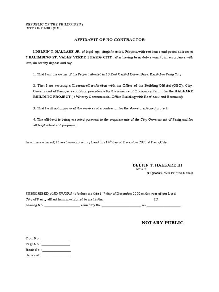 Affidavit of No Contractor | PDF