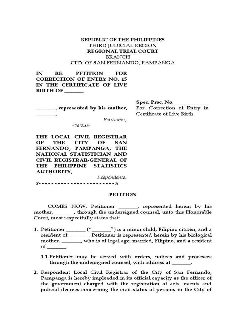 Petition For Correction of Entry On Birth Certificate - Father's ...