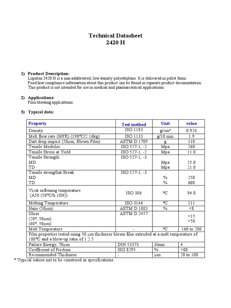 Ldpe 2420H PDF | PDF | Pascal (Unit) | Strength Of Materials
