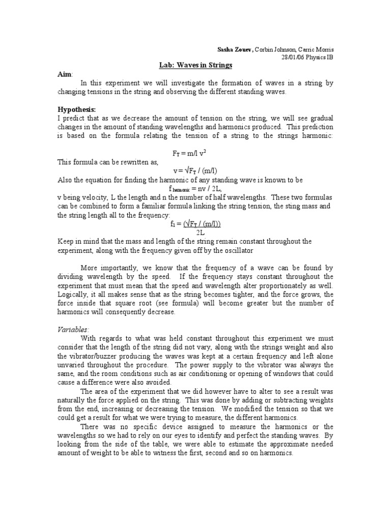 Lab: Waves in Strings Aim:: Variables | PDF | Waves | Tension (Physics)