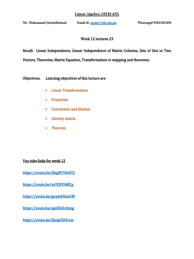 Linear Transformation Properties Contraction and Dilation Identity ...