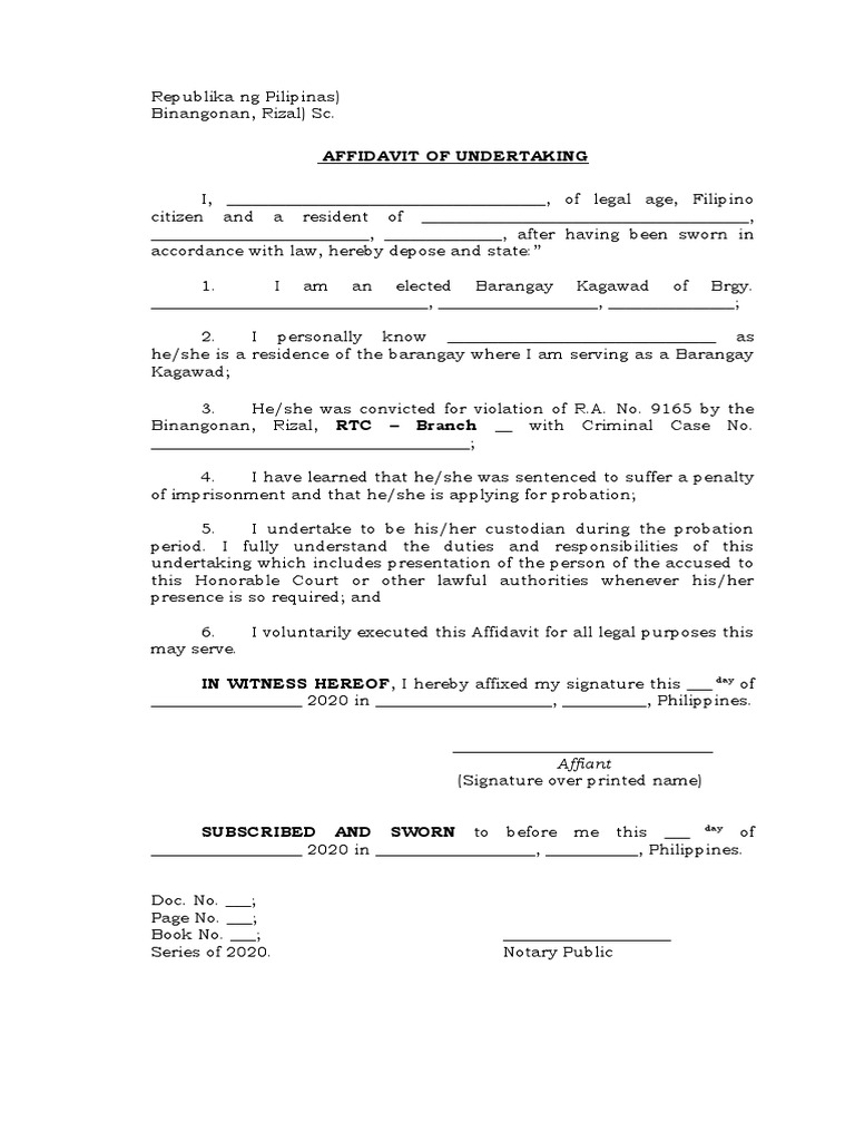 Affidavit of Undertaking: Affiant (Signature Over Printed Name) | PDF