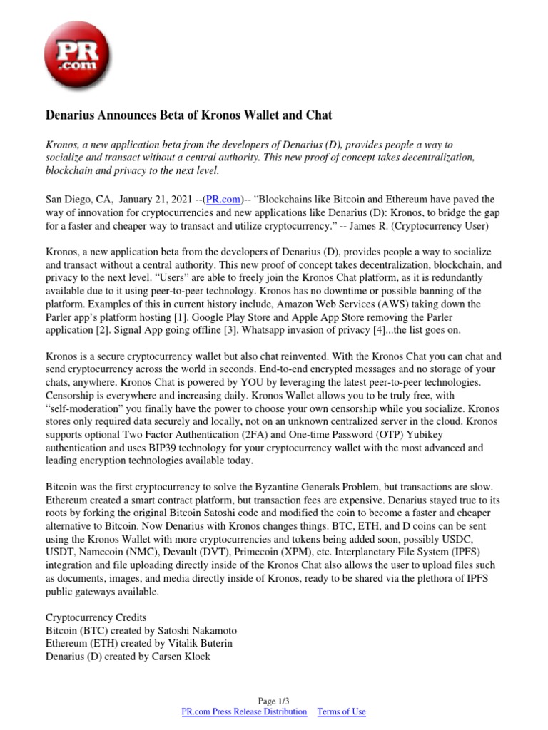 Denarius Announces Beta of Kronos Wallet and Chat | PDF ...