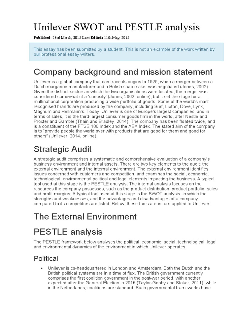 Unilever SWOT and PESTLE Analysis: Company Background and Mission ...