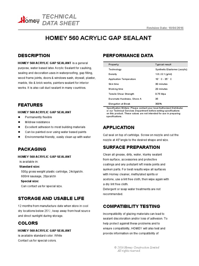 Homey 560 Acrylic Gap Sealant: Technical Data Sheet | PDF | Poly(Methyl ...