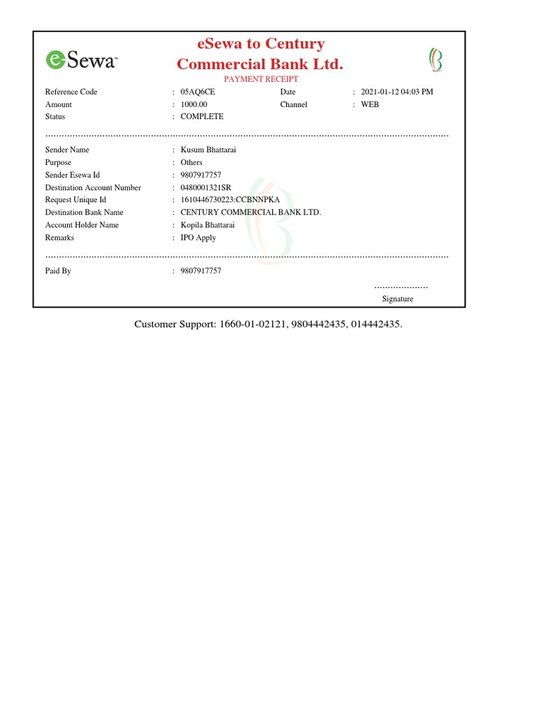 Esewa To Century Commercial Bank LTD.: Payment Receipt | PDF