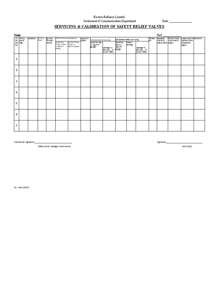 PSV Servicing & Calibration Sheet