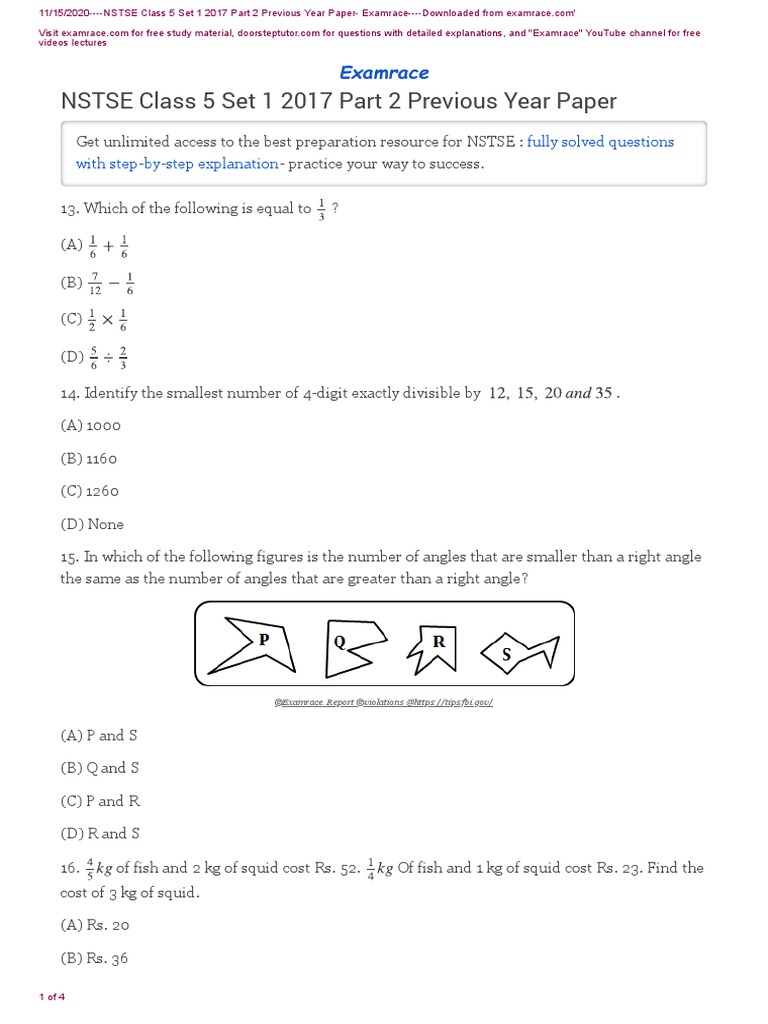 NSTSE Class 5 Set 1 2017 Part 2 Previous Year Paper: Examrace | PDF ...
