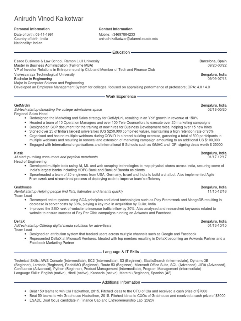 Anirudh Vinod Kalkotwar CV PDF | PDF | Search Engine Optimization | Startup Company