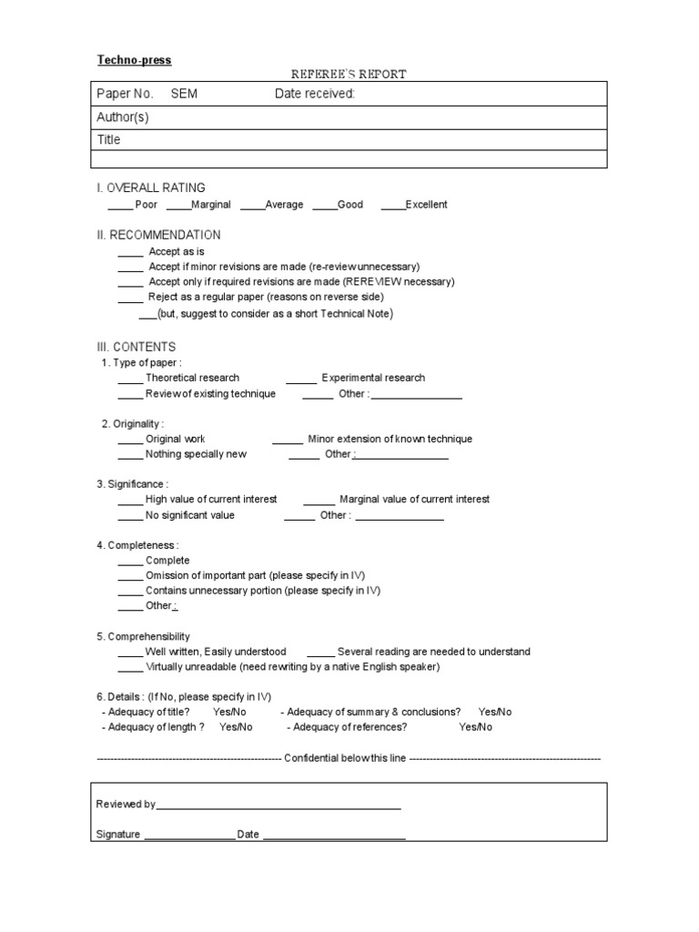 Referee Report Template for Papers | PDF