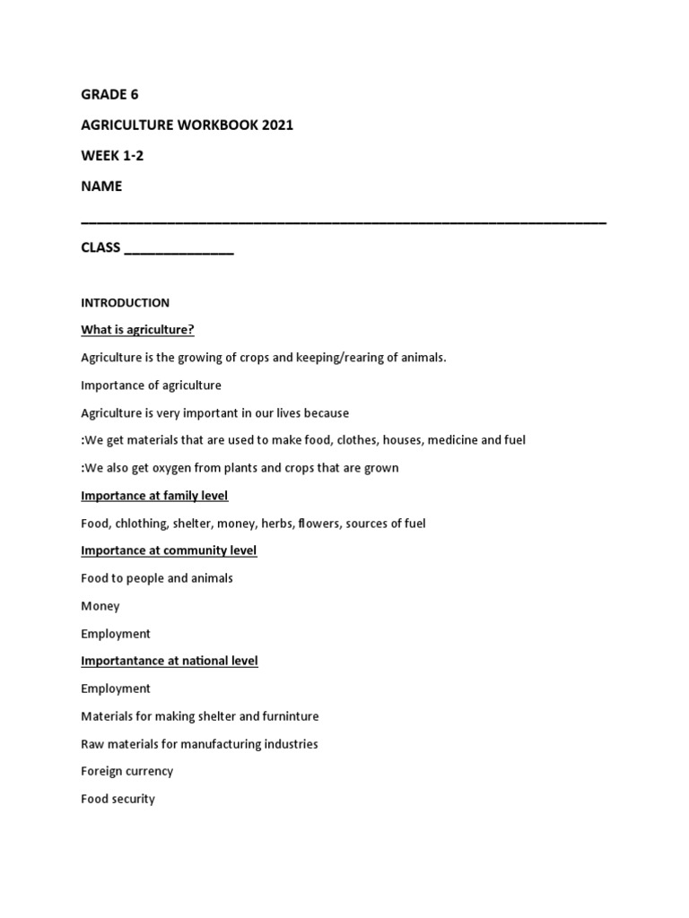 Grade 6 Agriculture Workbook 2021 WEEK 1-2 Name - CLASS | PDF