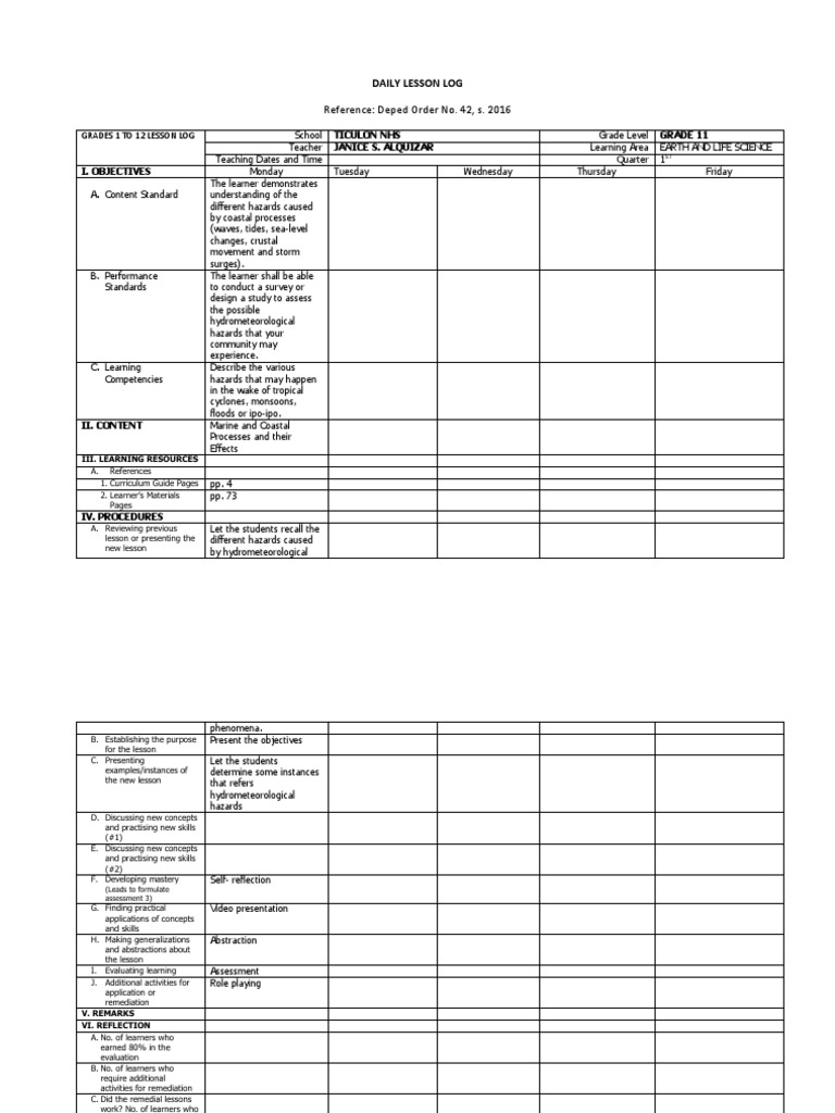 Daily Lesson Log in Earth and Life Science | PDF | Learning | Teachers