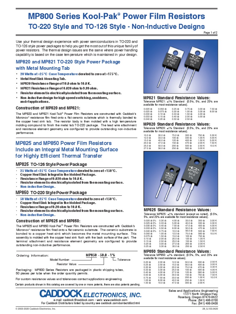 MP800 Series Kool-Pak Power Film Resistors: TO-220 Style and TO-126 ...