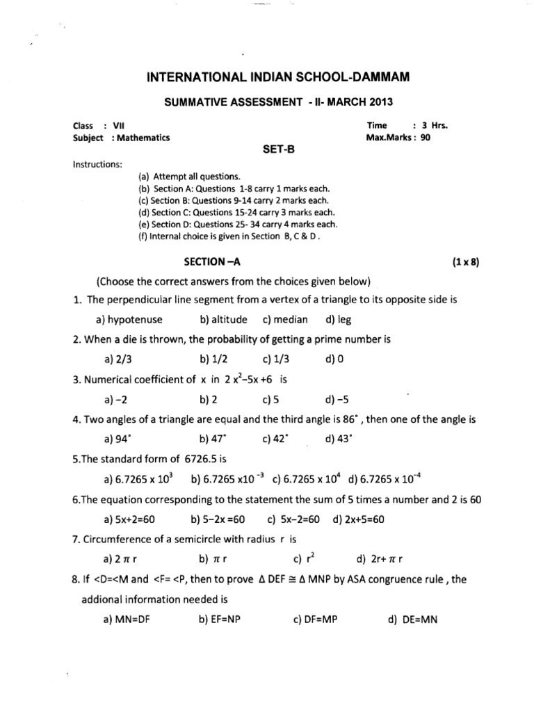 CBSE Class 7 Mathematics Question Paper SA2 2013 | PDF
