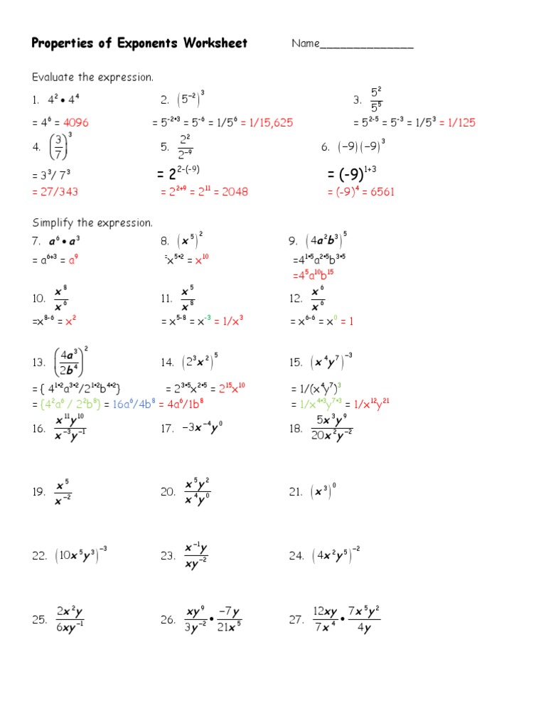 Properties Of Exponents Worksheet