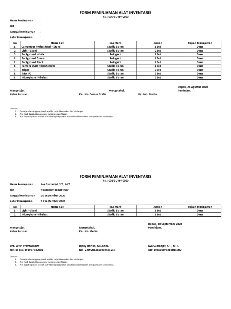 Contoh FORM PEMINJAMAN ALAT INVENTARIS | PDF
