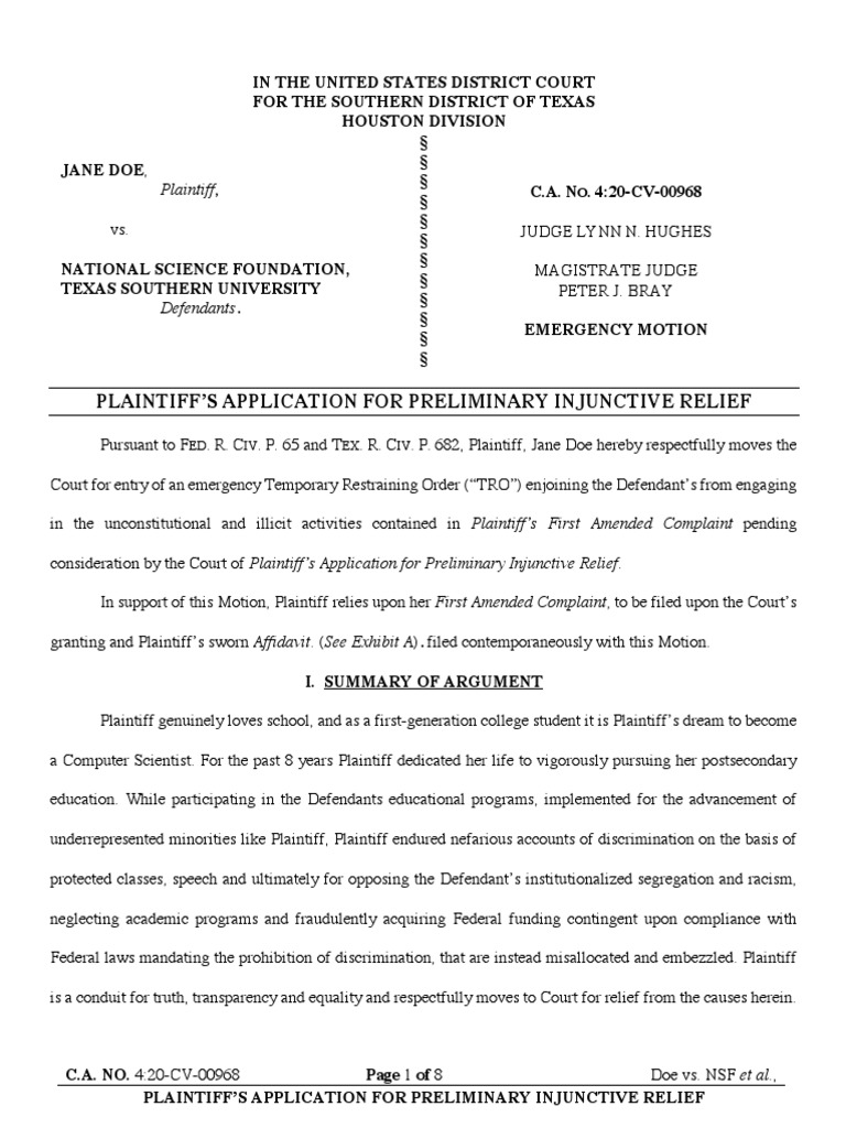 Plaintiff's Motion For Preliminary Injunctive Relief | PDF | Injunction ...