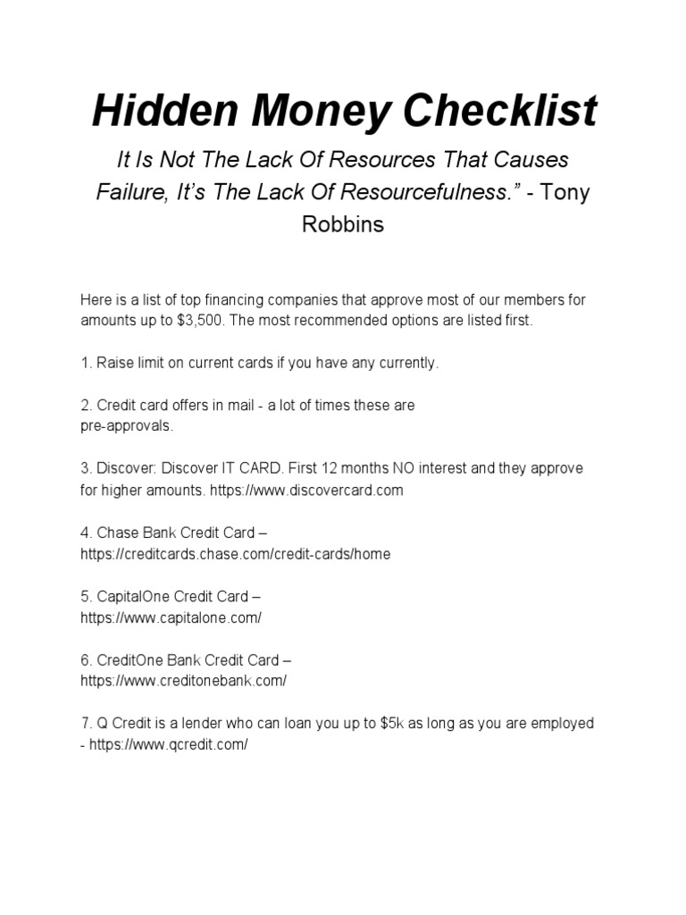 Hidden Money Checklist (PDF Doc) | PDF | Credit | Finance & Money ...