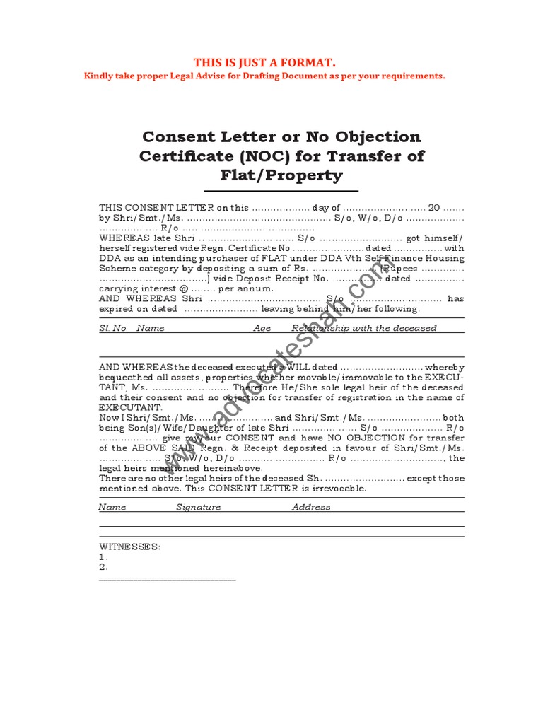 Consent letter no objection flat transfer legal heirs deceased | PDF