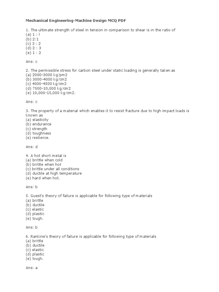 Mechanical Engineering-Machine Design MCQ | PDF | Strength Of Materials ...
