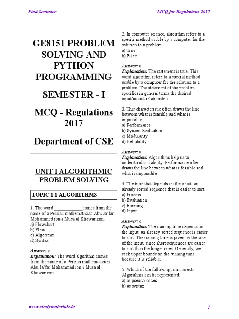 GE8151 Problem Solving and Python Programming MCQ | PDF | Boolean Data Type | Variable (Computer ...
