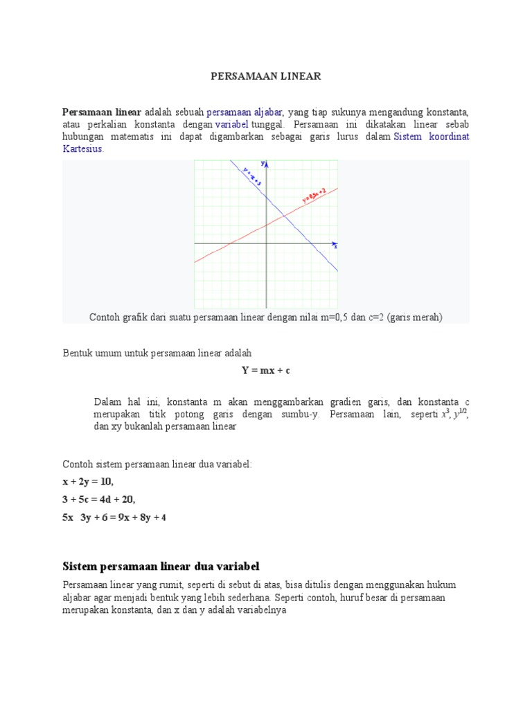 Pengertian dan Contoh Persamaan Linear | PDF