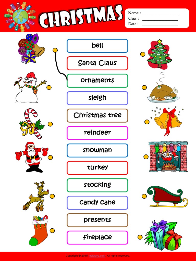 Christmas Esl Vocabulary Matching Exercise Worksheet For Kids | PDF