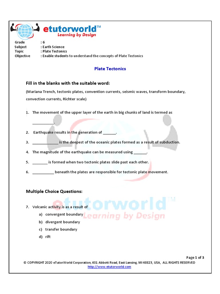 Fill in The Blanks With The Suitable Word:: Plate Tectonics | PDF ...