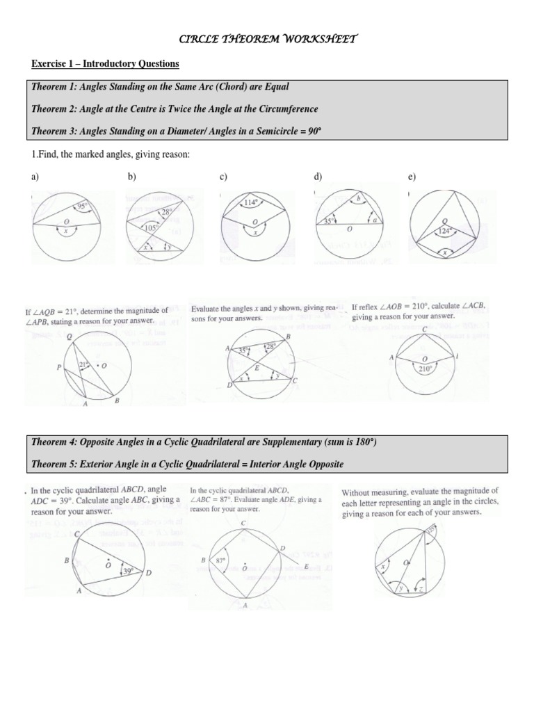 Circle Theorem Worksheet with Exercises | PDF