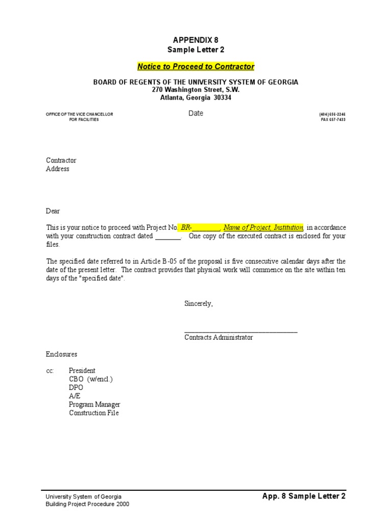 Notice To Proceed To Contractor: Appendix 8 Sample Letter 2 | PDF