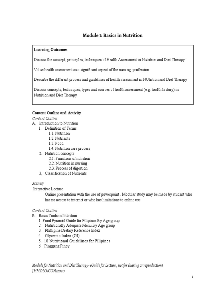 Module 1 Basics in Nutrition | PDF | Nutrients | Human Nutrition