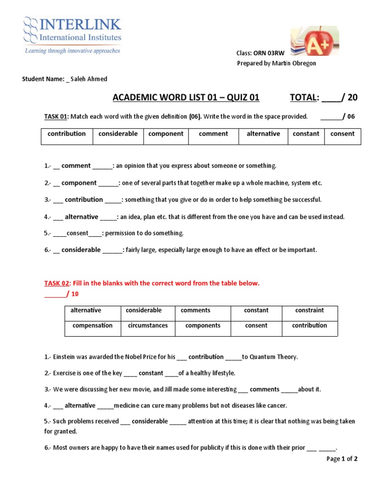 Academic Word List Quiz Guide | PDF | Science | Nature
