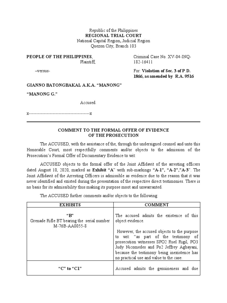 Comment To The Formal Offer of Evidence | PDF | Prosecutor | Government