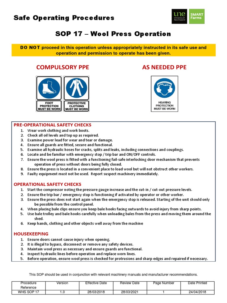 Compulsory Ppe As Needed Ppe: Safe Operating Procedures SOP 17 - Wool ...