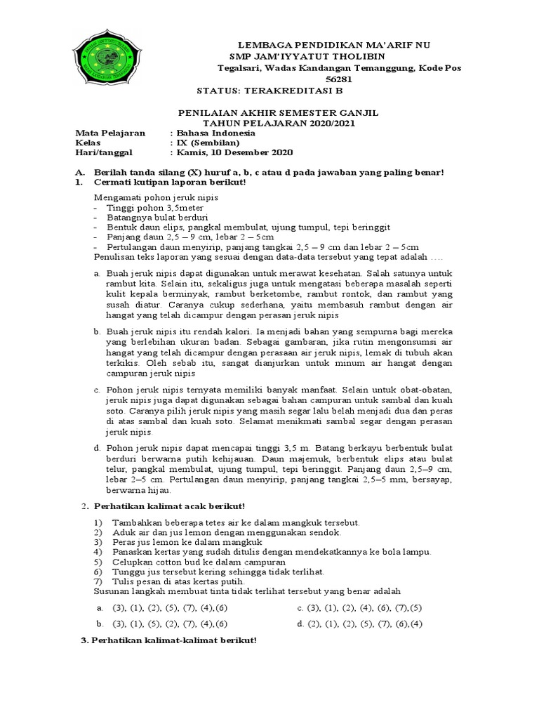 Pas Ganjil Kelas 9 BLM Edit | PDF