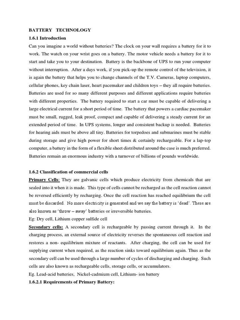Unit 1 Battery Technology | PDF | Fuel Cell | Rechargeable Battery