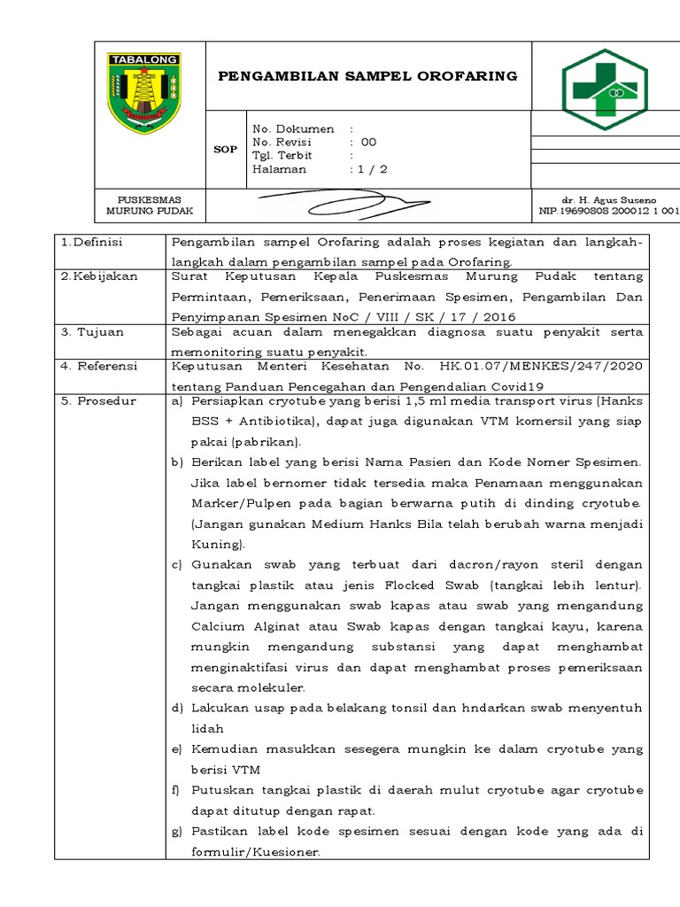 Sop Pengambilan Sampel Orofaring | PDF