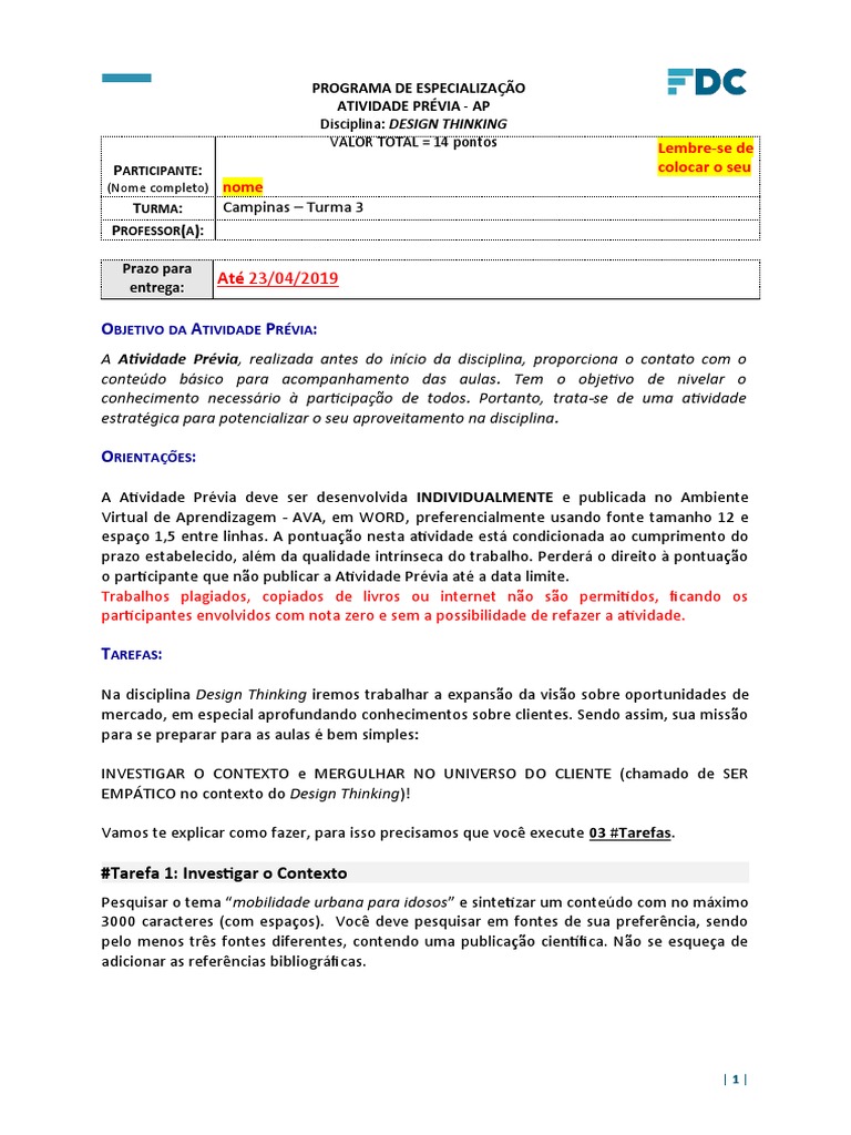 Atividade Previa - Design Thinking | PDF | Design Thinking | Empatia Atividade Previa - Design Thinking | PDF | Design Thinking | Empatia