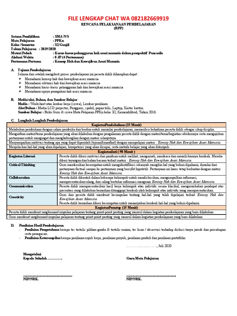 Contoh RPP 1 Lembar PKN SMA | PDF