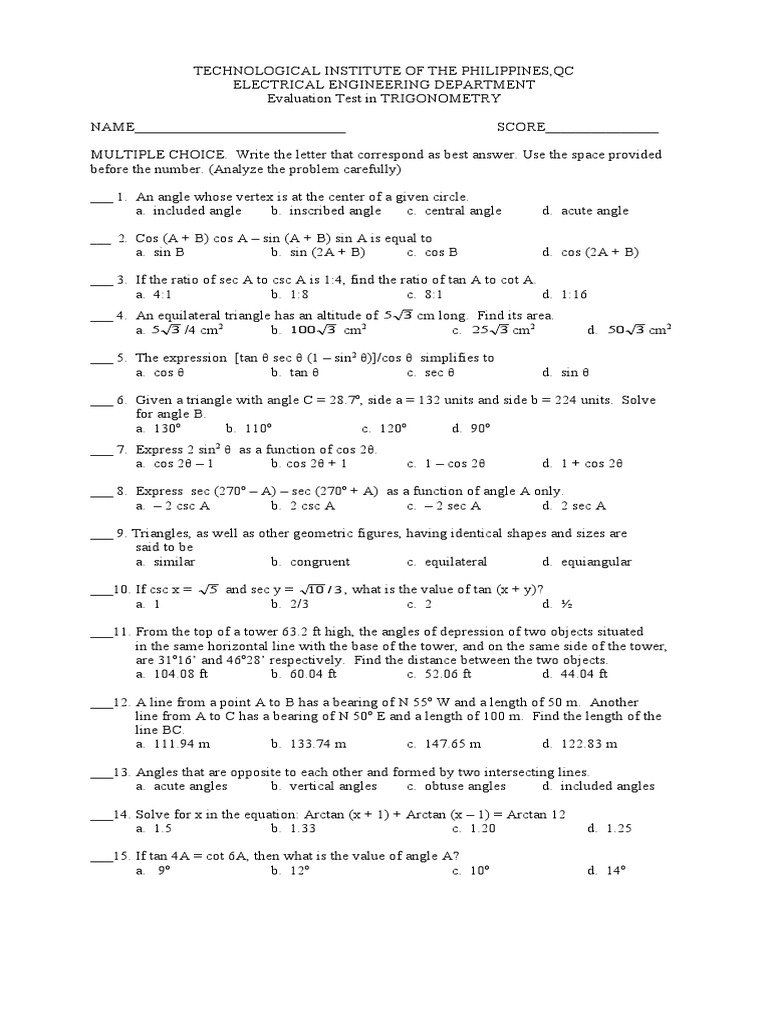 Special Topics Exam 2 Trigonometry Pdf Trigonometric Functions