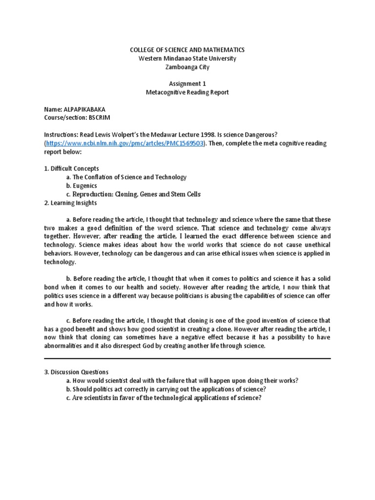 Sts Assignment ACTIVITY 1 METACOGNITIVE | PDF