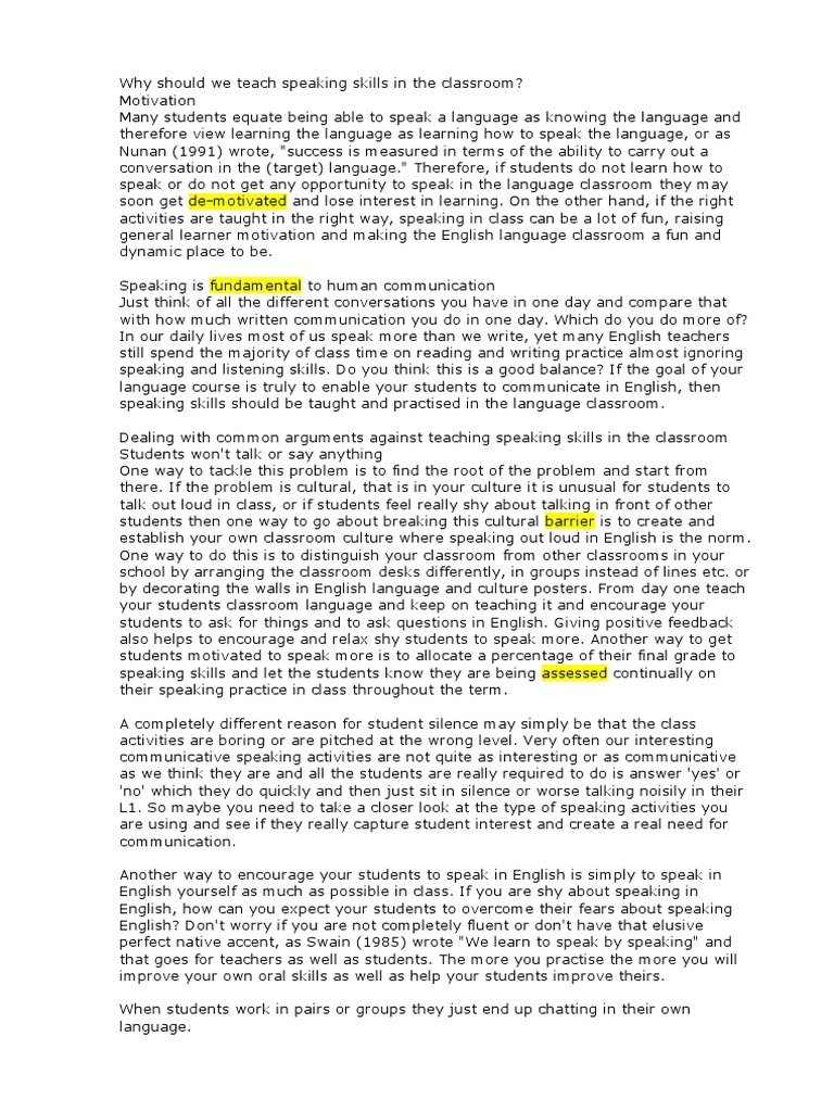 Enhancing Speaking Skills in Classrooms | PDF | Classroom | Motivation