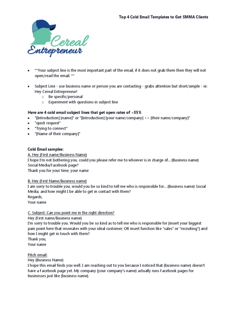Cold Email Templates for SMMA Clients | PDF