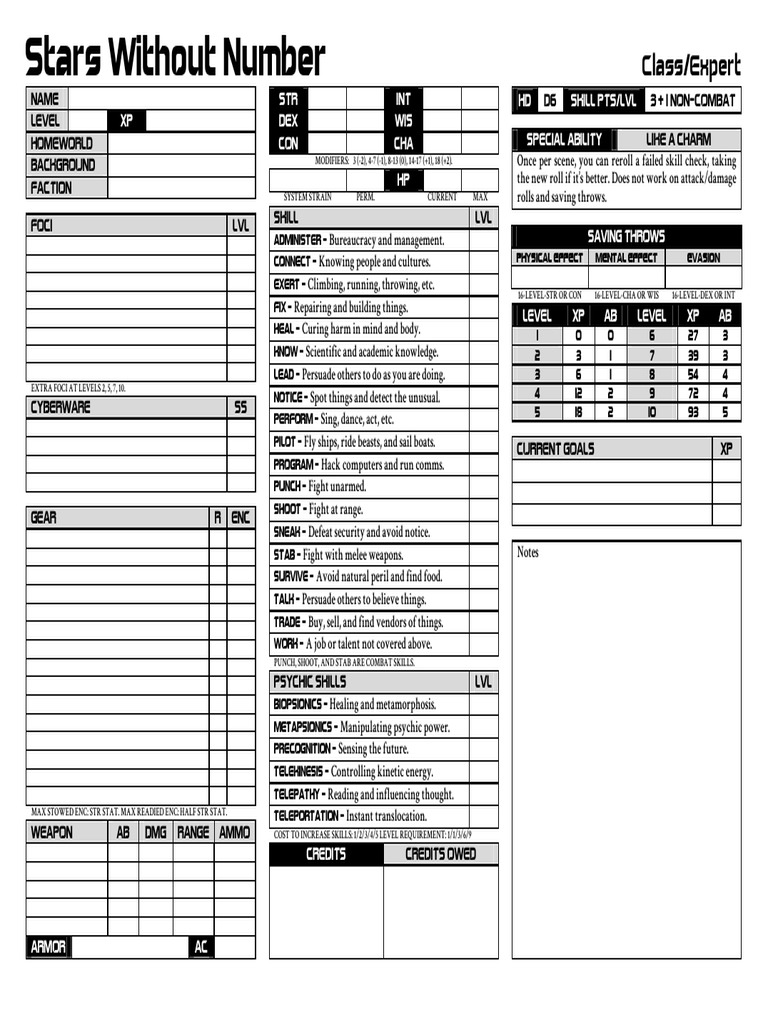 Expert - Stars Without Number Revised Edition Character Sheet v2.1 PDF ...