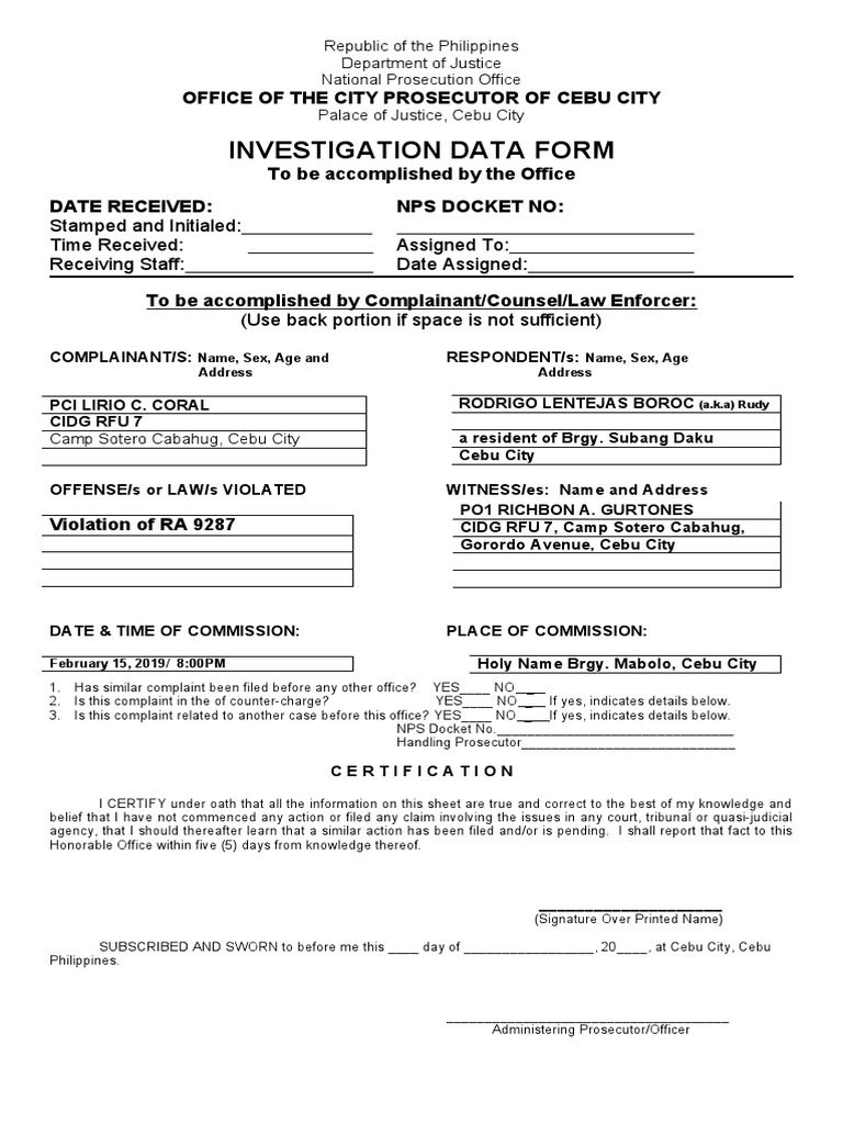 IDF Form Cebu City | PDF | Prosecutor | Complaint